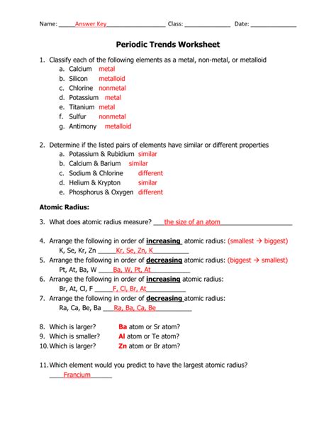 Periodic Table Trends Worksheet With Answers Cabinets Matttroy