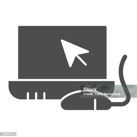 노트북 및 마우스 솔리드 아이콘입니다 커서와 마우스가 있는 노트북 모니터 컴퓨터 과학 벡터 디자인 개념 흰색 배경에 글리프 스타일 픽토그램 감시에 대한 스톡 벡터 아트 및