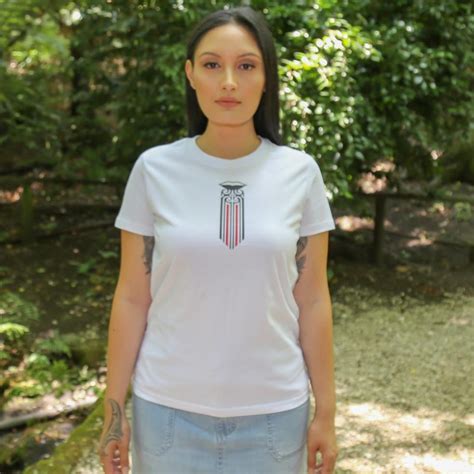 Womens White T Shirt With Red And Black Maori Moko Kauae Design Front