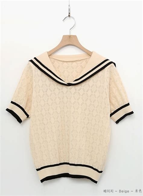 세일러 카라 두줄 배색 패턴 니트