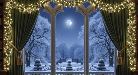 Winter Wonderland View From Ornate Window At Night Winter Moonlight