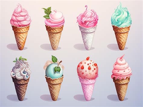 Набор акварельных мороженых с разными углами на белом фоне Премиум Фото