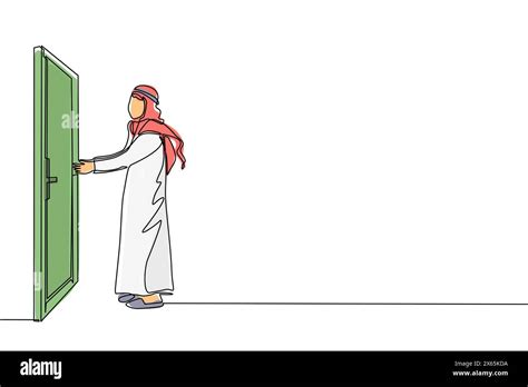 Single Continuous Line Drawing Arabian Businessman Inserts Key Into