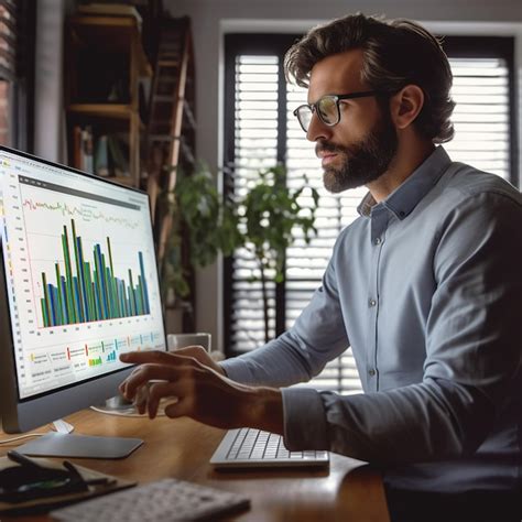 Premium Photo A Man Sits At A Desk With A Computer Screen Showing