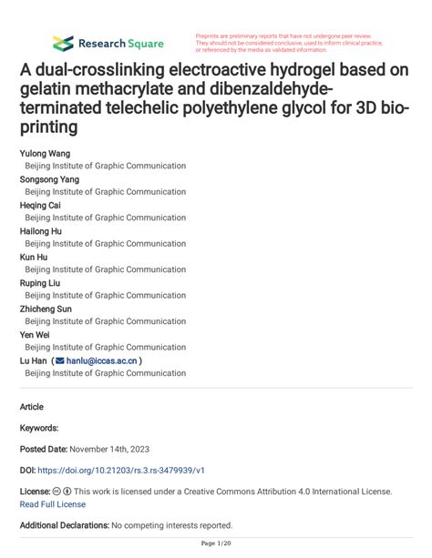 Pdf A Dual Crosslinking Electroactive Hydrogel Based On Gelatin