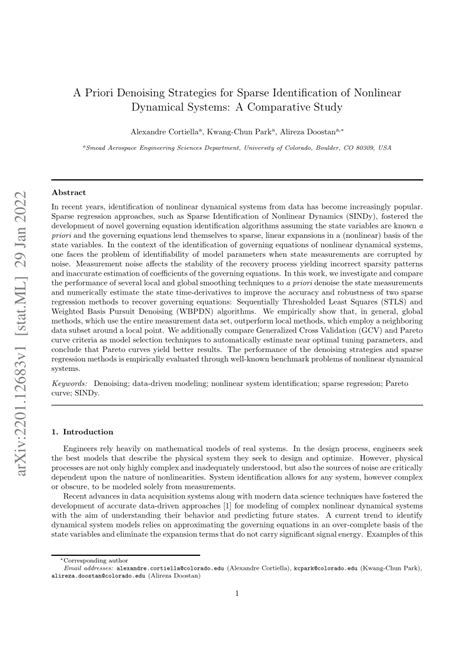 PDF A Priori Denoising Strategies For Sparse Identification Of Nonlinear Dynamical Systems A
