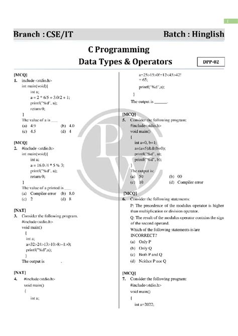 Data Types And Operators Dpp 02 Of Lec 06 Branch Batch