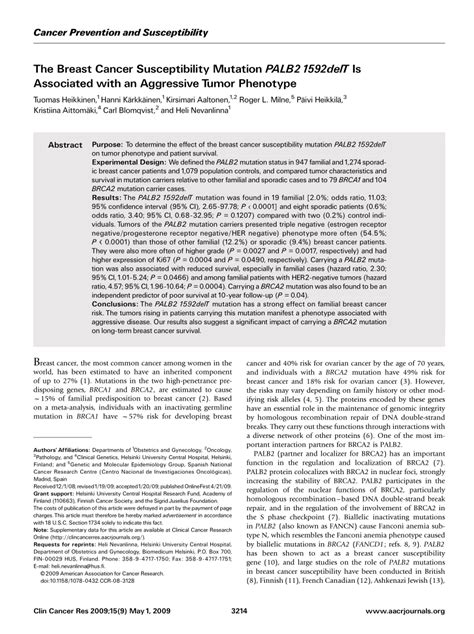 Pdf The Breast Cancer Susceptibility Mutation Palb2 1592delt Is