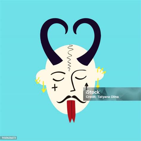 소름 끼치는 못생긴 얼굴을 가진 펑키 악마 머리 뿔을 가진 이상한 만화 악마 벡터 그림 낙서 스타일 1960 1969 년에 대한