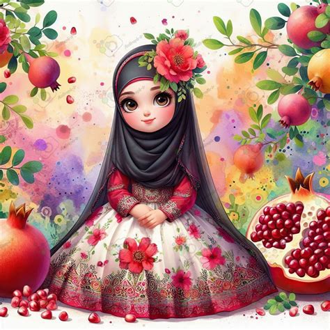 بک گراند کودکانه دختر کوچولوی ناز با حجاب نشسته در باغ انار کد 43253 ویژه عکس گراف عکس گراف