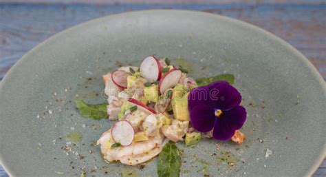 Fresh Dorade And Shrimp Ceviche With Avocado Radish And Edible Flower On A Decorated Plate