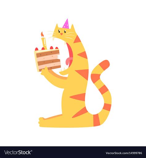 Cute Cartoon Tiger Biting Piece Of Cake Happy Vector Image