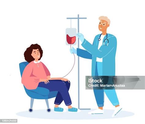 헌혈여성 캐릭터는 병에 걸린 상처 부상당한 사람들 생명의 피를 플라스틱 용기에 넣는 여성 간호사를 위해 혈액을 기증합니다기증자는