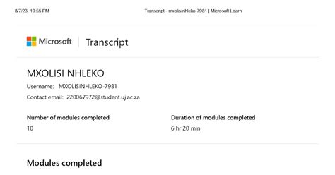 Microsoft Learn Certificate Transcript