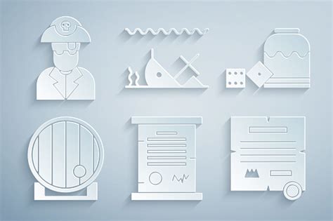 세트 칙령 양피지 두루마리 해적 게임 주사위 나무 통 침몰 한 배 및 선장 아이콘 벡터 3차원 형태에 대한 스톡 벡터 아트 및 기타 이미지 Istock