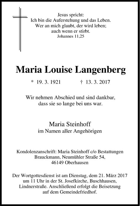 Traueranzeigen Von Maria Louise Langenberg Trauer In Nrw De