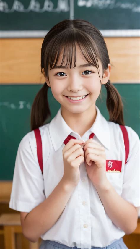 Arafed Asian Girl In A School Uniform Smiling And Adjusting Her Tie