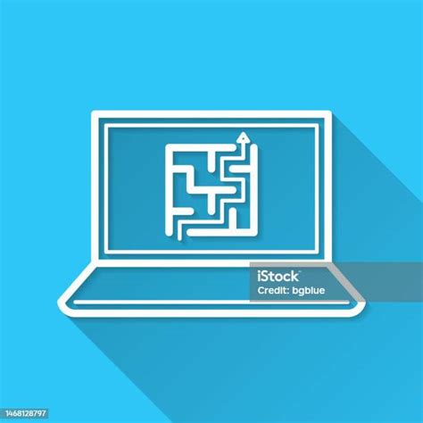 미로가 있는 노트북 파란색 배경에 아이콘 긴 그림자가 있는 평면 디자인 3차원 형태에 대한 스톡 벡터 아트 및 기타 이미지
