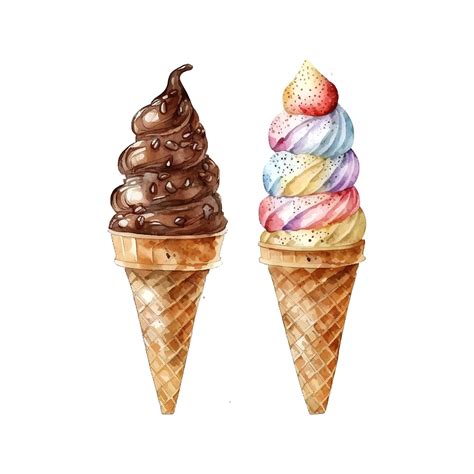 Premium Vector Chocolate Ice Cream Waffle Cone Watercolor Drawing
