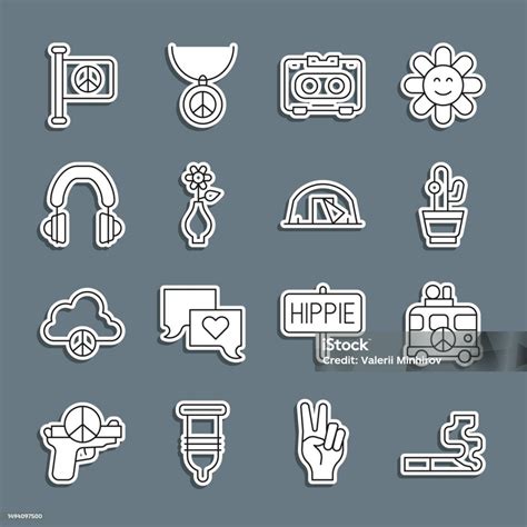 세트 라인 담배 히피 캠핑카 밴 선인장 레트로 오디오 카세트 테이프 꽃병에 꽃 헤드폰 깃발 평화 및 관광 텐트 아이콘 벡터 관광객에 대한 스톡 벡터 아트 및 기타 이미지