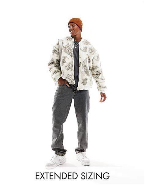 Asos Design Oversized Paisley Borg Bomber Jacket In Ecru Asos