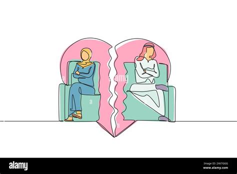 single one line drawing unhappy stubborn arab couple sit separate on