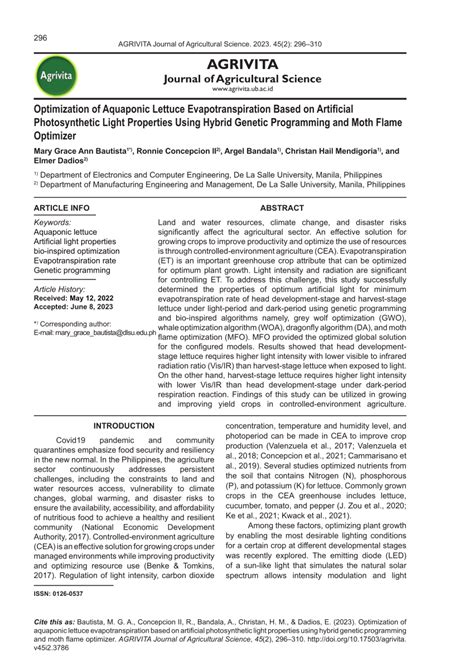 pdf optimization of aquaponic lettuce evapotranspiration based on artificial photosynthetic