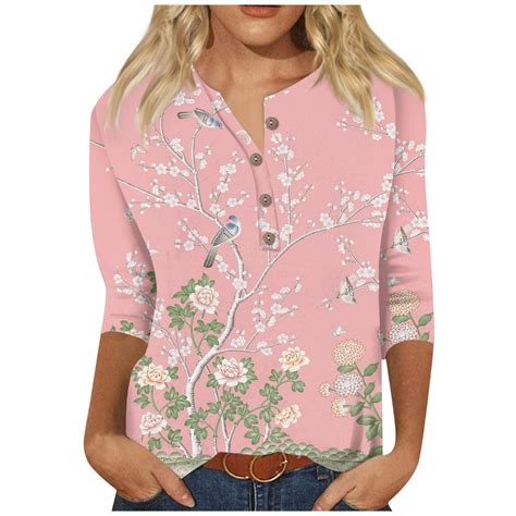 Sriene Women Summer Tops 34 Length Sleeve Button Down Shirts Crew Neck