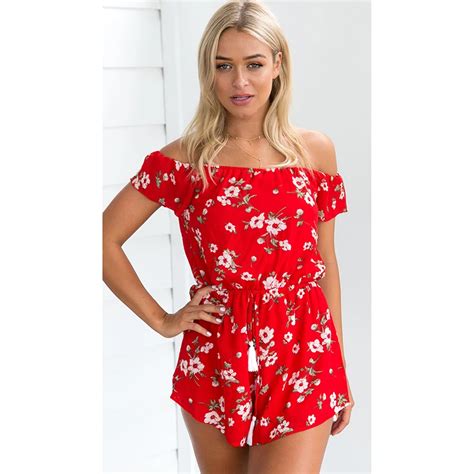 Women Elegant Short Jumpsuit Off Shoulder Flower Printed High Waist One
