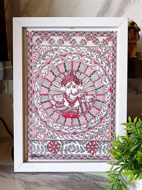 Ganesha With Turban With Frame Nib Pen And Acrylic On Handmade Paper By Shrutee Bhave