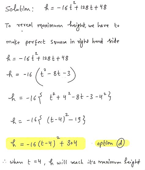 [solved] H 16t2 128t 48 Which Equation Reveals The Maximum Height Course Hero