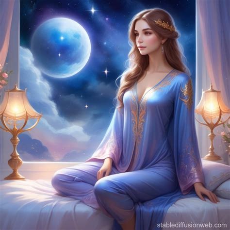Woman In Blue Pajamas In Bedroom Stable Diffusion Online