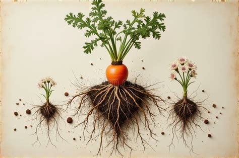 Botanical Artistry Carrot And Flowers With Root Systems On Display