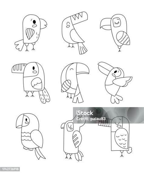 귀여운 앵무새 만화 캐릭터 재미 있은 열대 새입니다 색칠 공부 페이지 벡터 그리기 디자인 요소 모음입니다 가공의 인물에 대한