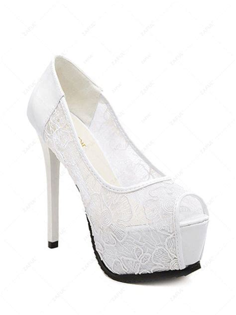 37 Off 2021 Lace Platform Stiletto Heel Peep Toe Shoes In White Zaful
