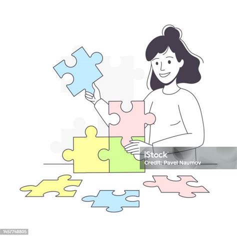 모자이크 조각을 함께 연결하는 직소 퍼즐을 조립하는 여자 벡터 일러스트 레이 션 기술에 대한 스톡 벡터 아트 및 기타 이미지