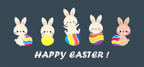 행복한 부활절 포스터 작은 토끼 토끼 만화 평면 디자인에는 인사말 카드가 있습니다 부활절 달걀 축제 벽지 배경 배너 템플릿 고립 된 벡터 일러스트 레이 션 계절에 대한 스톡