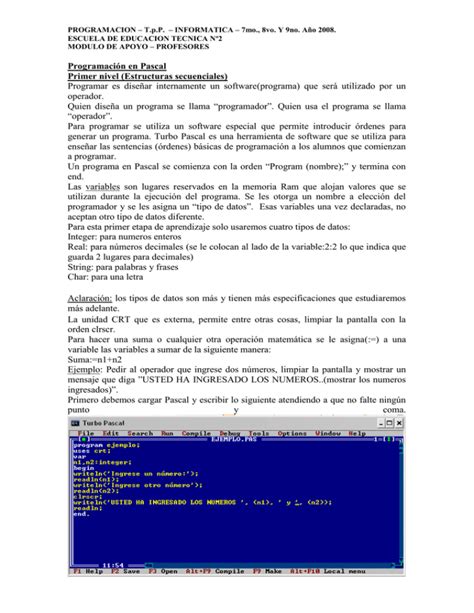 Programación En Pascal Escuela De Educación Técnica Nº2