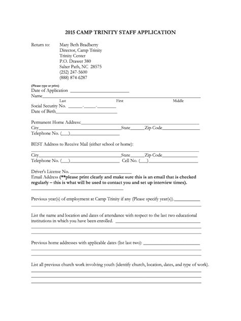 Fillable Online 2015 Camp Trinity Staff Application Return To Mary