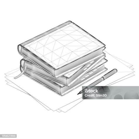 흰색 배경에 고립 된 검은 색 선에서 종이와 펜이있는 책 스택의 와이어 프레임 3d 벡터 일러스트레이션 3차원 형태에 대한 스톡