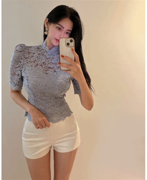 당일하이퀄리티 럭셔리 레이스 하이넥 반소매 블라우스 캡내장 시스루 Bl 고급 수입의류 슬림핏 셔츠 하이넥 반팔 호캉스룩