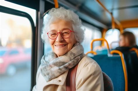 Premium Photo A Happy Senior Woman Traveling By Bus Taking Public