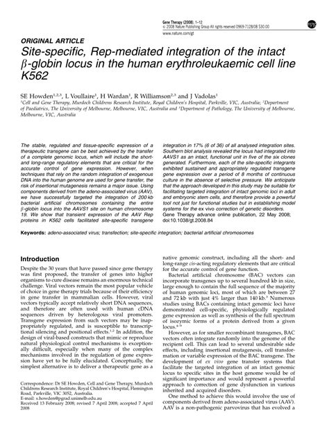 Pdf Site Specific Rep Mediated Integration Of The Intact Beta Globin
