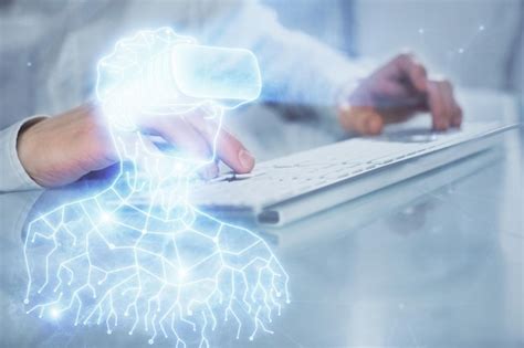 Premium Photo Ar Hologram With Man Working On Computer On Background Augmented Reality Concept