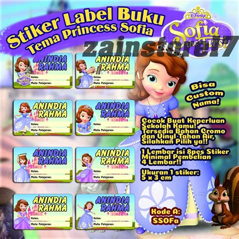 Jual Stiker Label Buku Gambar Kartun Princess Sofia Bisa Custom Nama