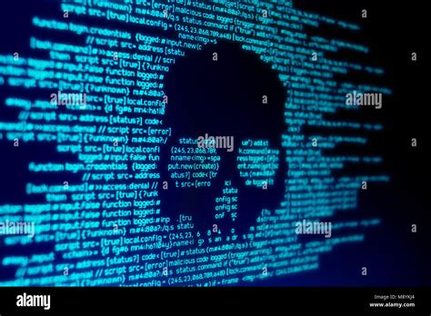 Computer Code On A Screen With A Skull Representing A Computer Virus