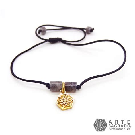 Pulsera Hilo Negro Vector En Equilibrio En Chapa De Oro Con Labradorita