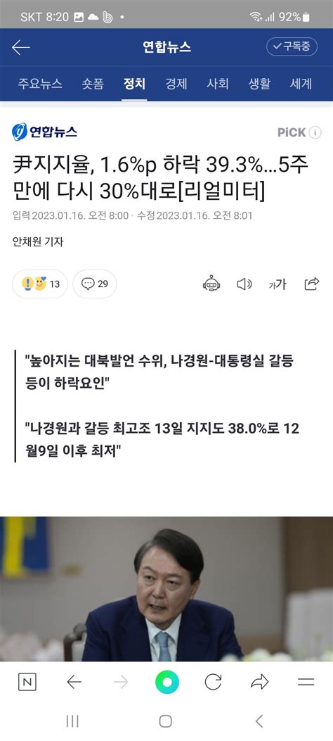 尹지지율 16p 하락 3935주만에 다시 30대로 리얼미터 정치시사 에펨코리아