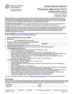 Fillable Online Pca State Mn Lamp Accumulation Financial Assurance Form
