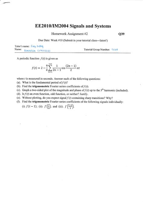 Signals Assignment 2 Ee20t 0ffru12004 Signals And Systems Homework
